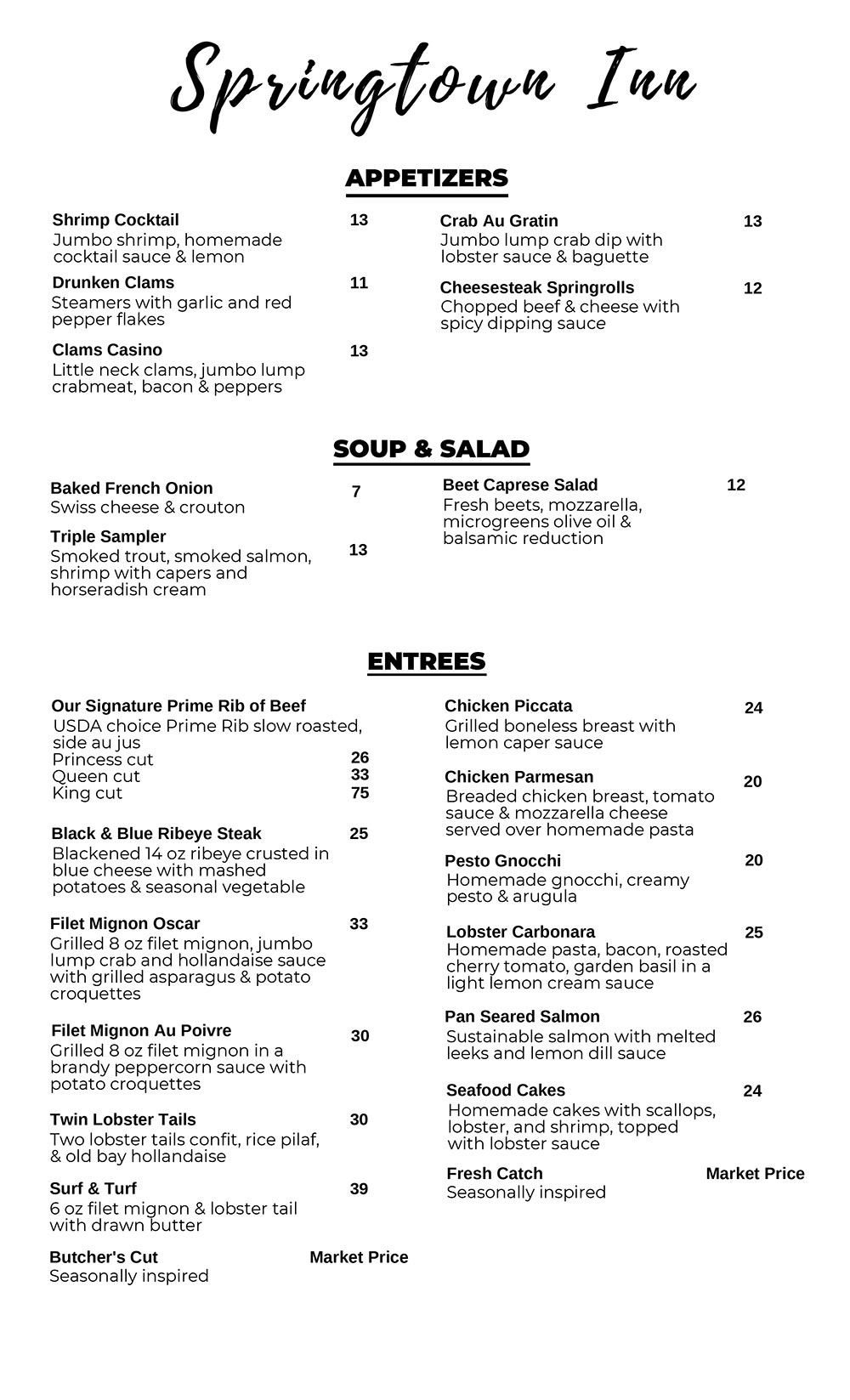 Menu | Springtown Inn