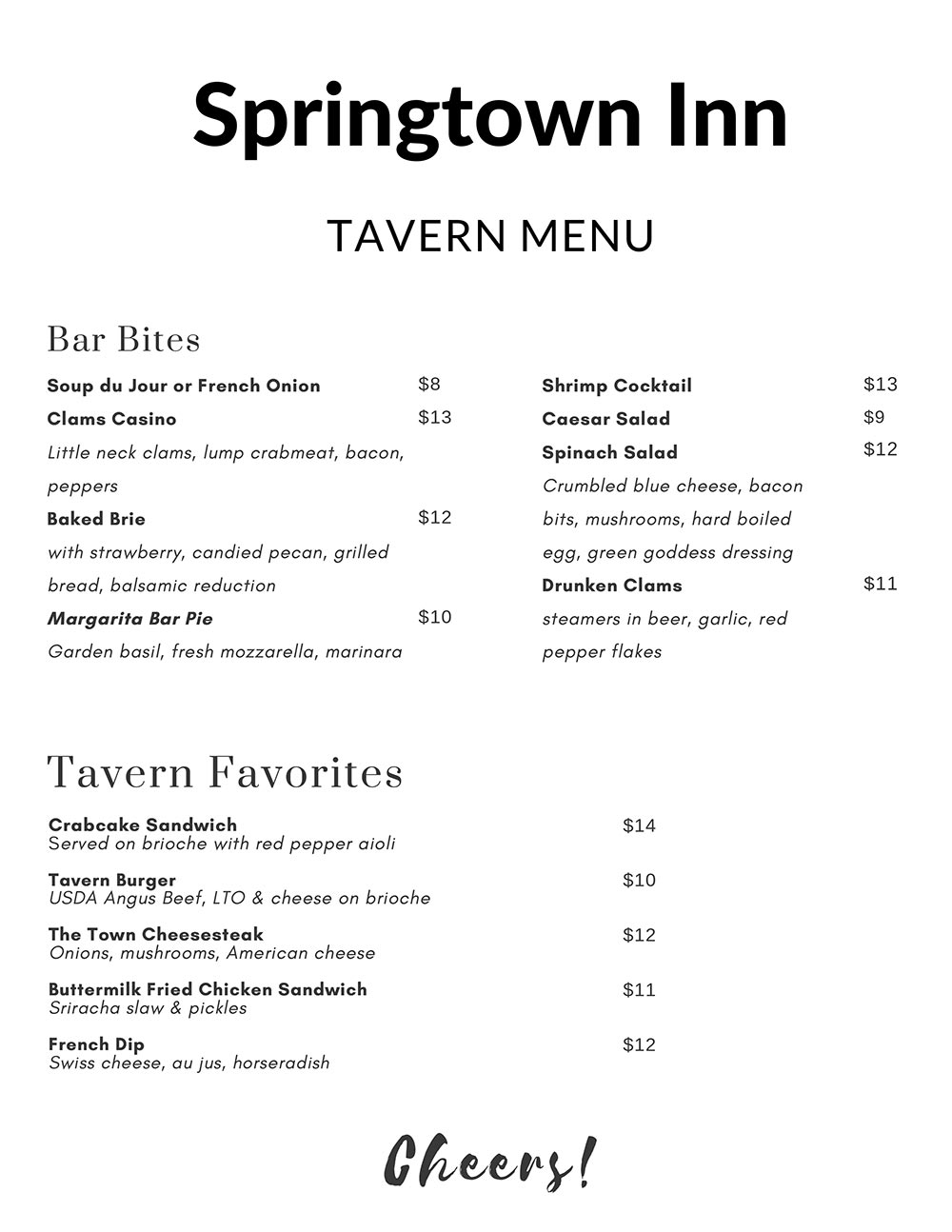 Menu | Springtown Inn