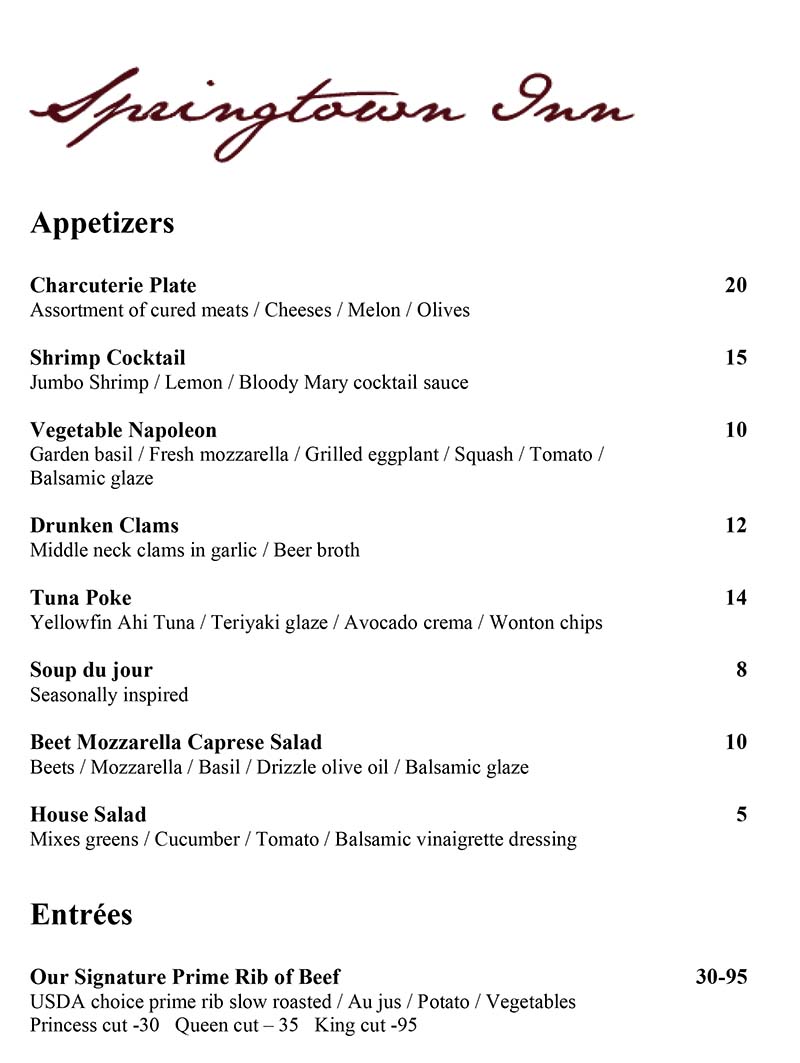 Menu | Springtown Inn