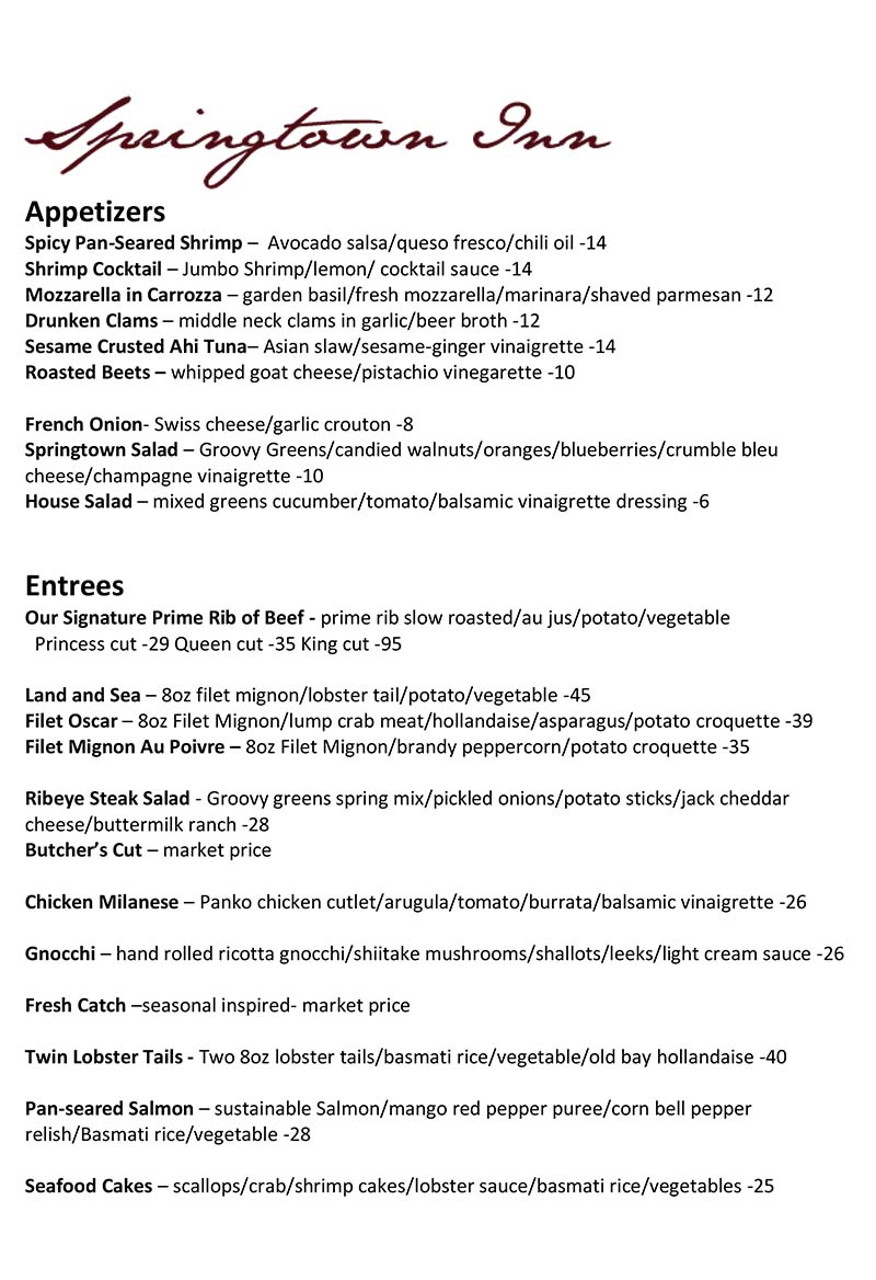 Menu | Springtown Inn