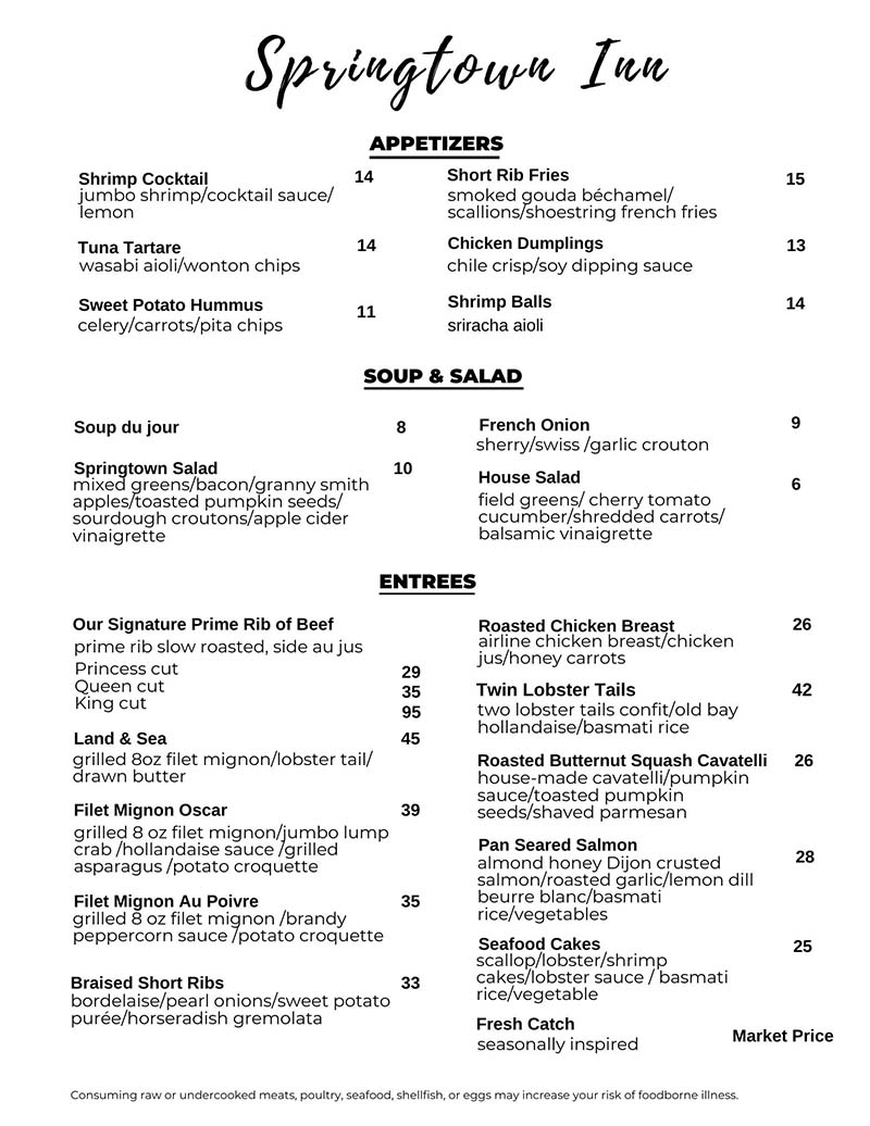 Menu | Springtown Inn