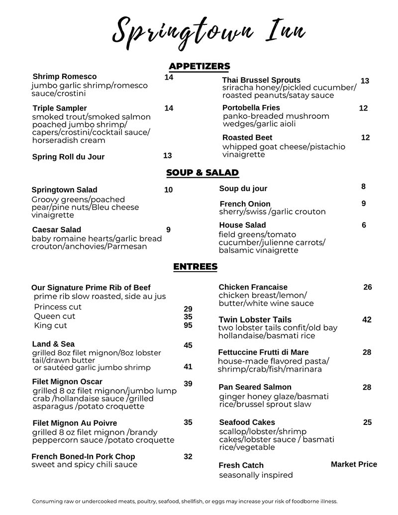 Menu | Springtown Inn