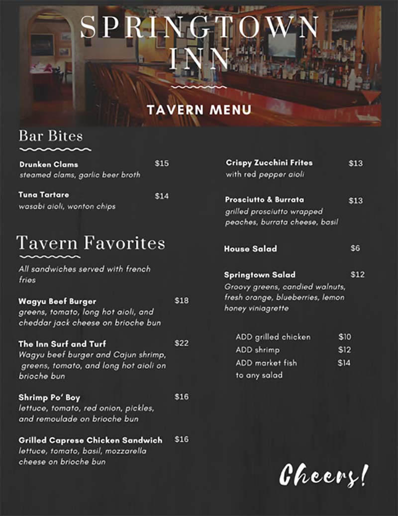 Menu | Springtown Inn