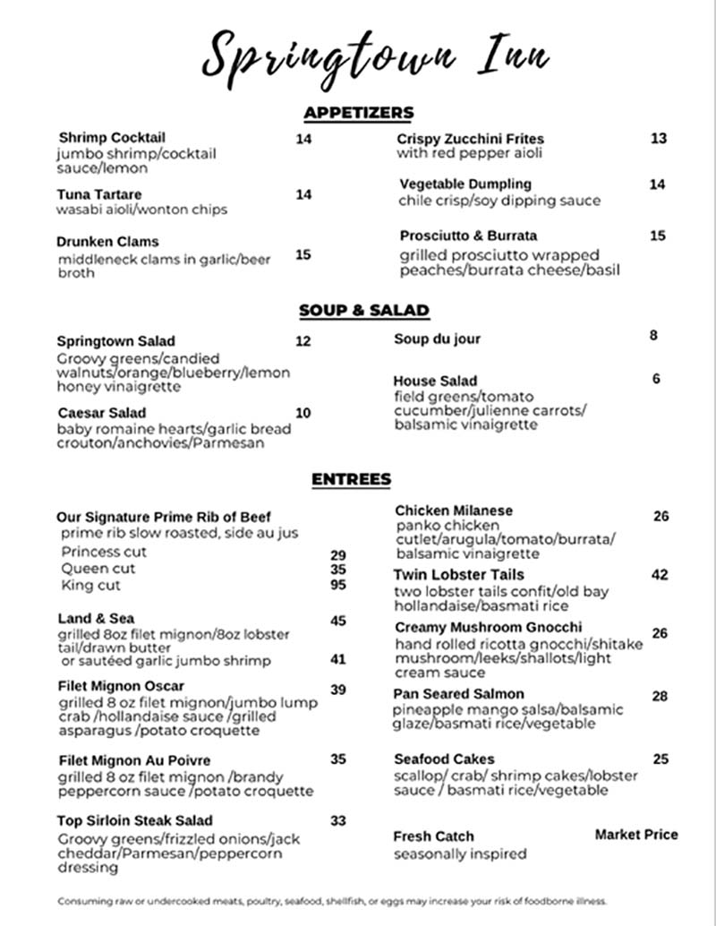Menu | Springtown Inn
