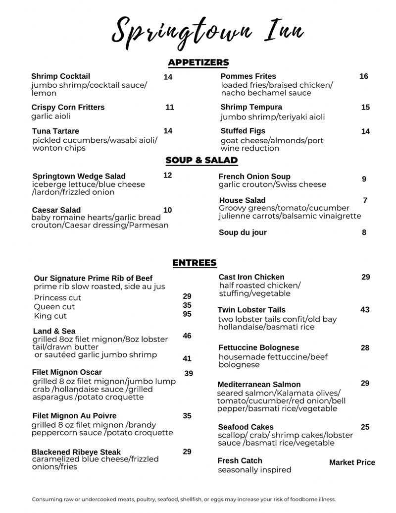 Menu | Springtown Inn