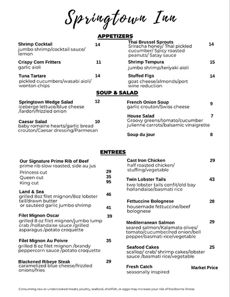 Menu | Springtown Inn