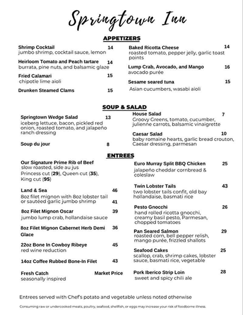Menu | Springtown Inn