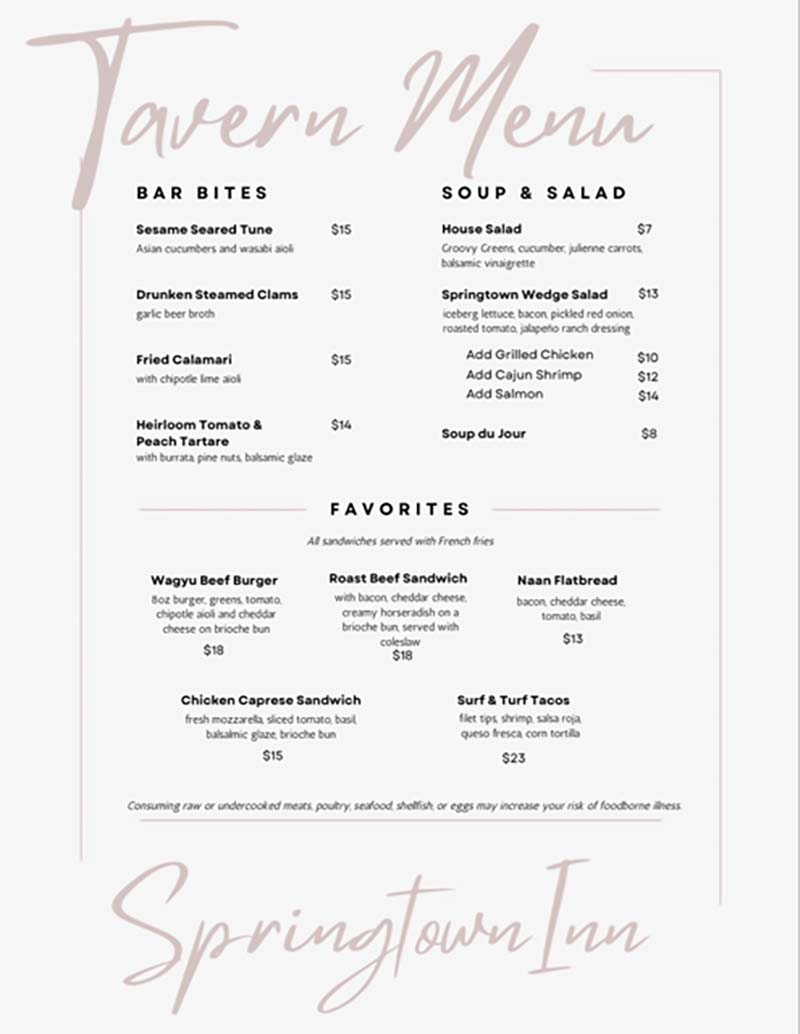 Menu | Springtown Inn